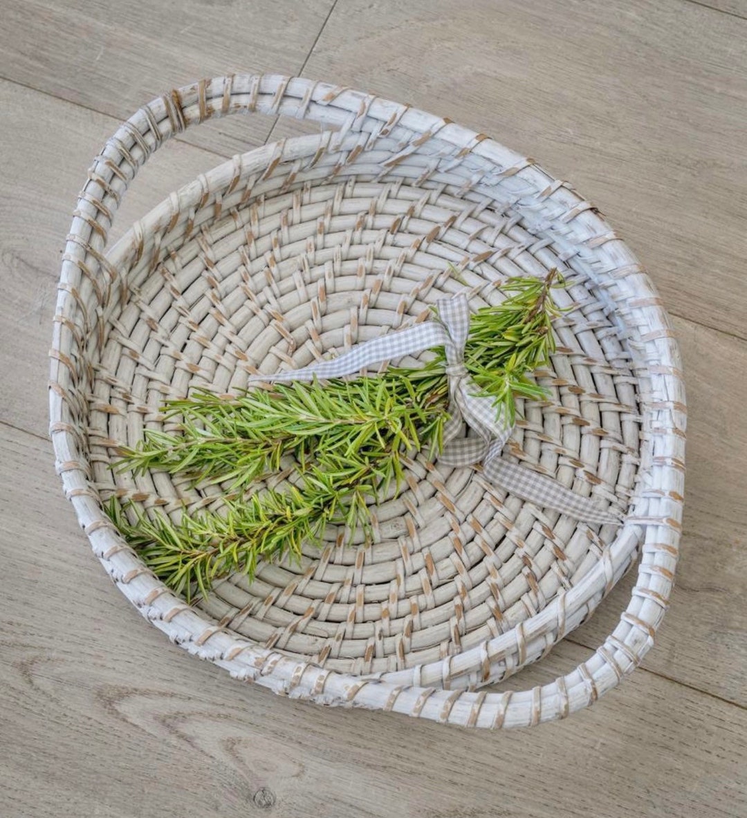 Distressed White Rattan Round Tray - Etsy