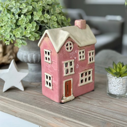 Ceramic Village Pottery Tall PINK House Tea Light Holder Gift - Etsy