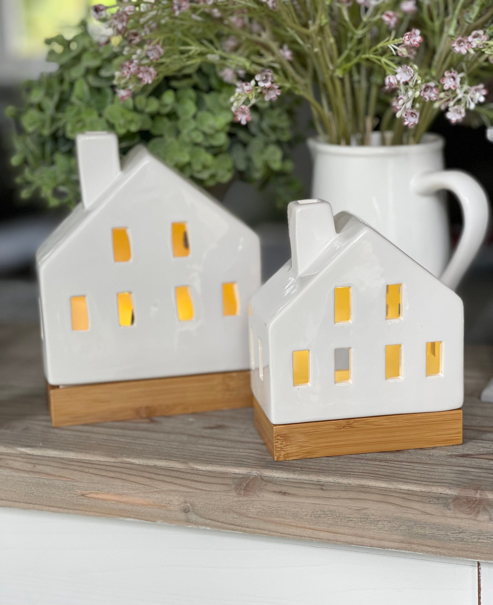 Wooden Base Ceramic LED House 2 Sizes Available - Etsy