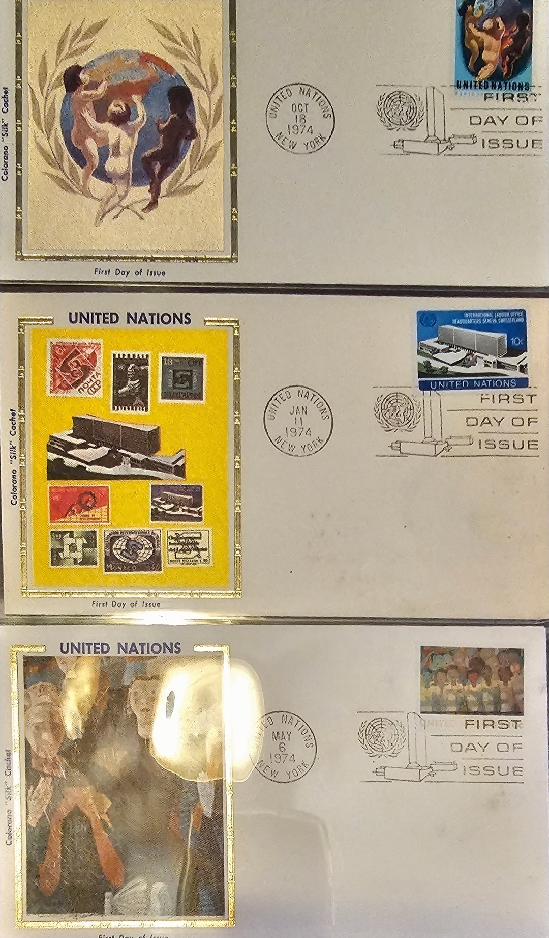The United Nations Set of 7 Colorano Silk Cachet USA First Day Covers ...