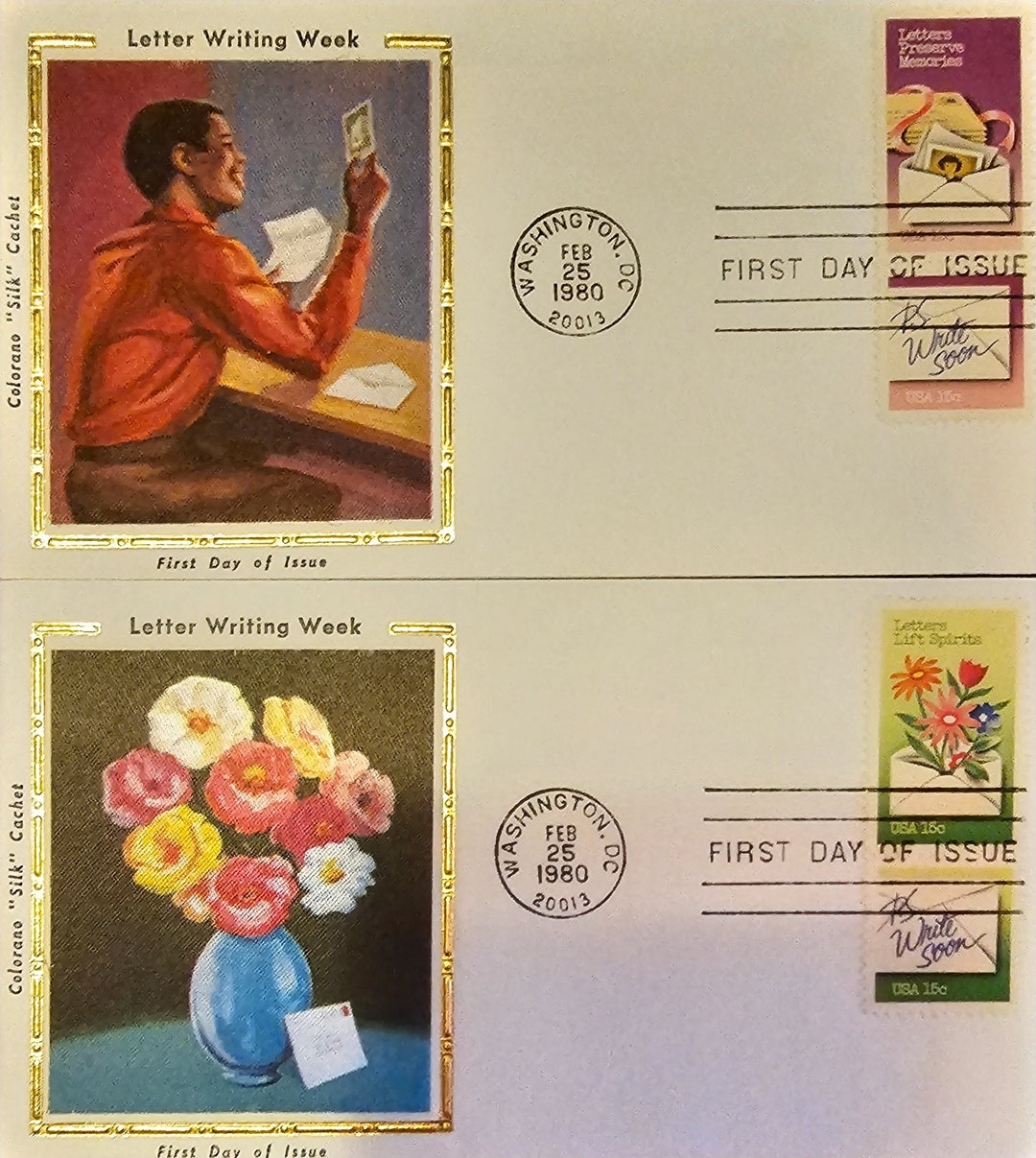 Letter Writing Week Set of 2 Colorano Silk Cachet USA First Day Covers ...