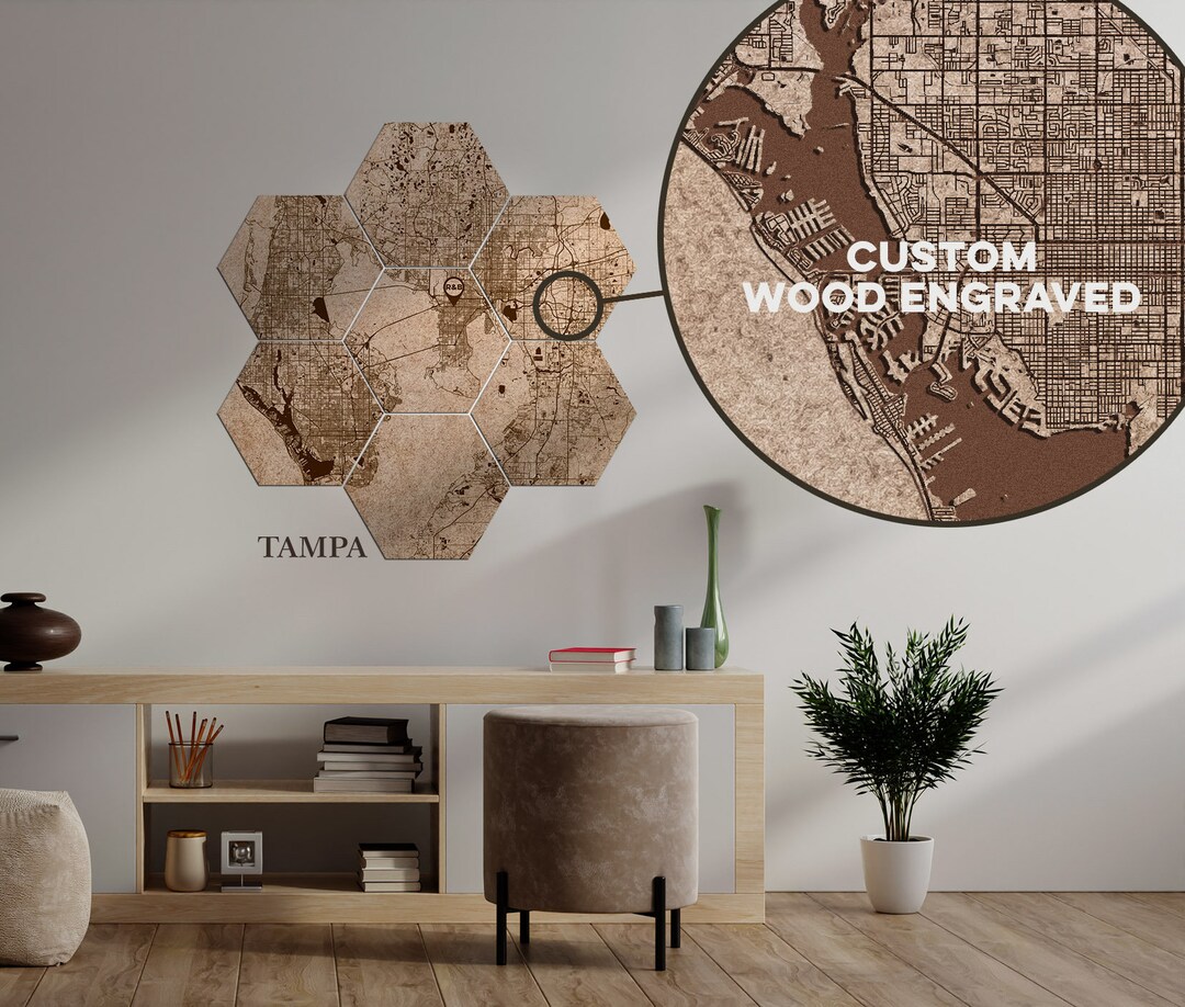 Wooden Custom Map. Hexagons Wood Cut Map. Wooden Geometric Wall ...
