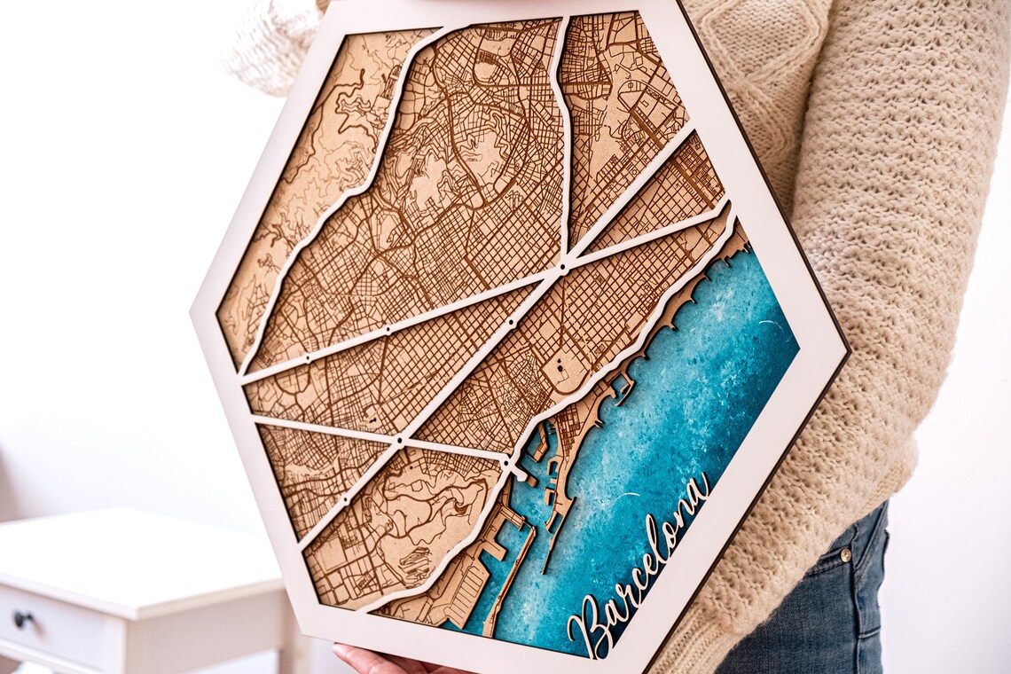 Wood Art, Wood City Map, Laser Hexagonal Map, Wood World Map With Sea ...