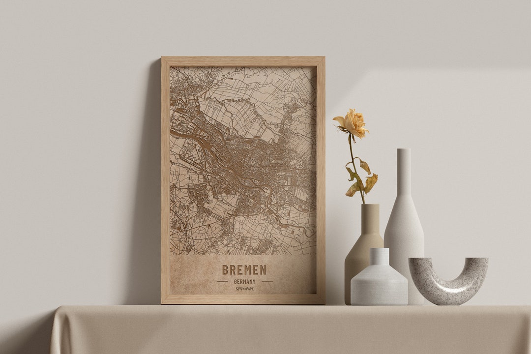 Wooden Map of Bremen, Germany. 3D Laser Engraved Custom Vintage Map ...