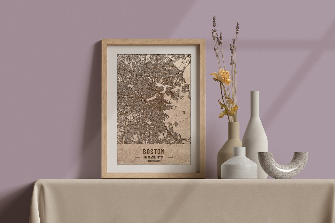 Wooden Map of Boston, Massachusetts. 3D Laser Engraved Custom Vintage ...