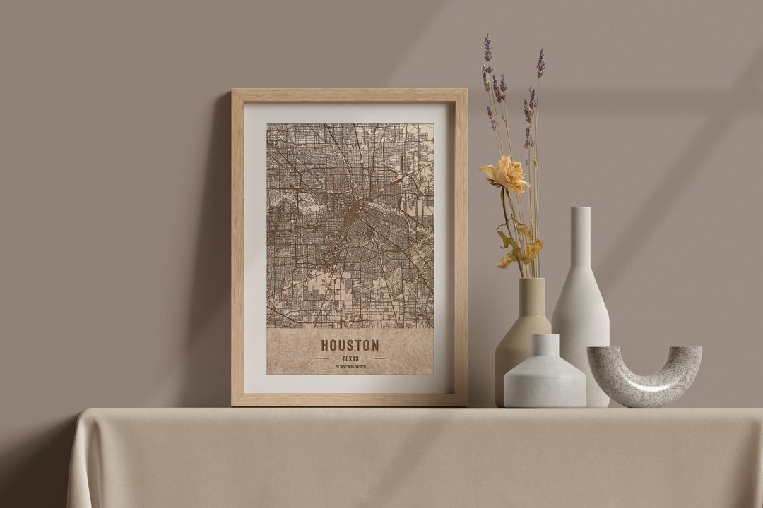 Wooden Map of Houston, Texas. 3D Laser Engraved Custom Vintage Map ...