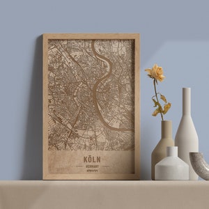 Wooden Map of Koln, Germany. 3D Laser Engraved Custom Vintage Map. Wood ...