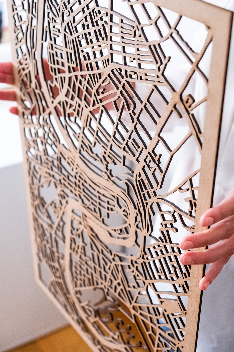 Wood Art, Wood City Map, Engraved Map, Wood World Map With River, Laser ...