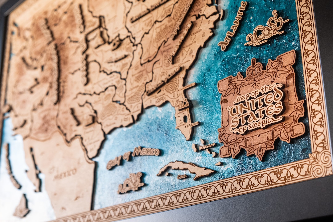 Vintage U.S. Map. Laser Fantasy US Map. United States Wooden Map Wall ...