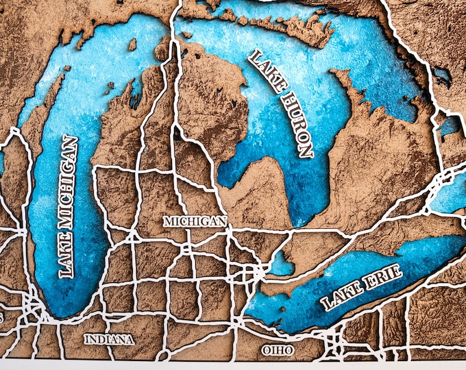 Great Lakes Wood Carved Topographical Depth Chart / Map - 3 Frame ...