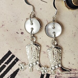 Cowboy Boot Earrings With Pearlescent Buttons, Rodeo Bling, Calgary ...
