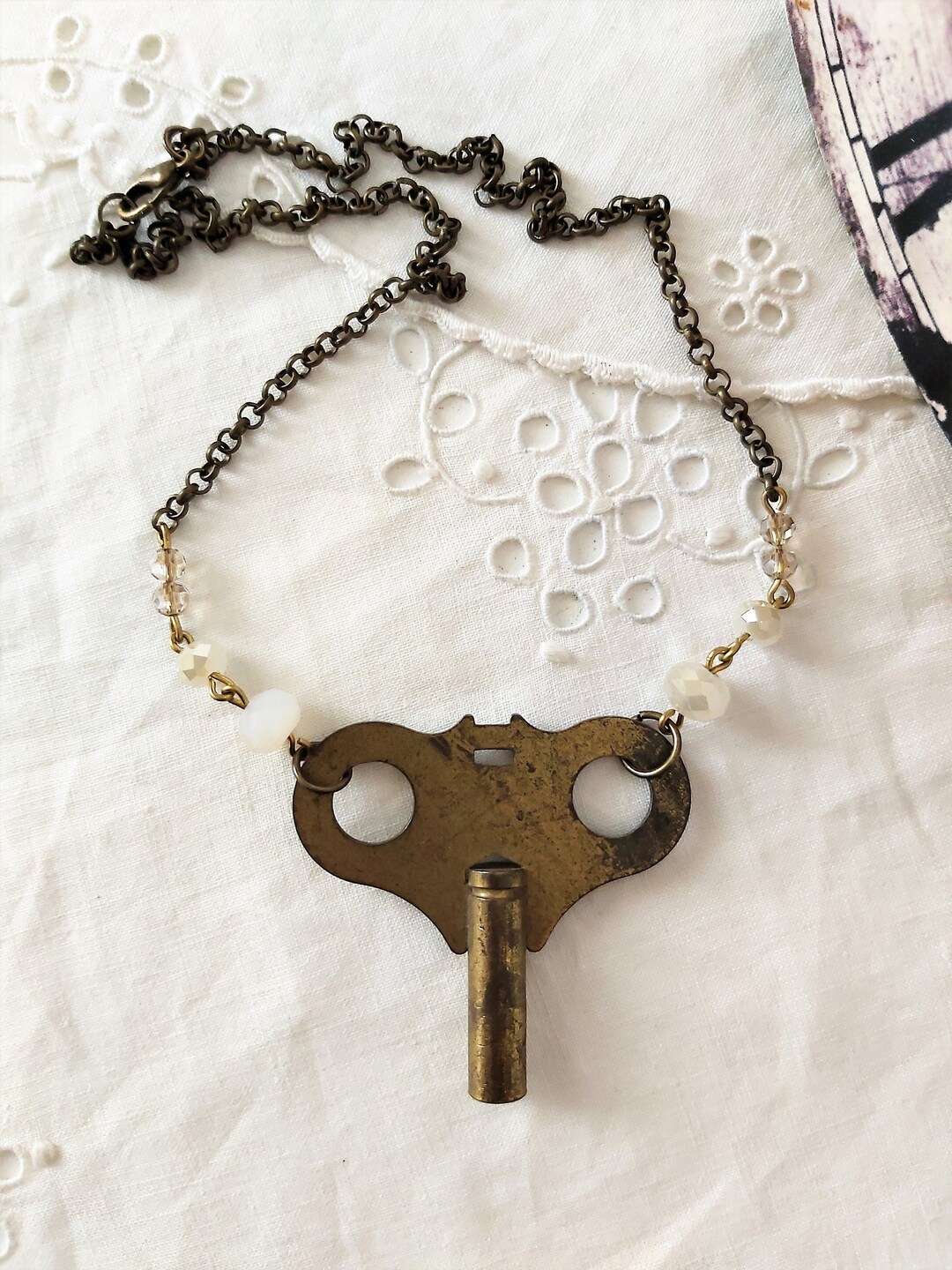 Brass Necklace Featuring Vintage Clock Winding Key and Crystals, Gothic ...