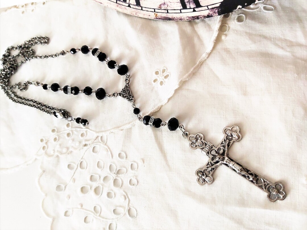 Gothic Rosary With Repurposed Crucifix & Jet Black Crystals, Gunmetal ...