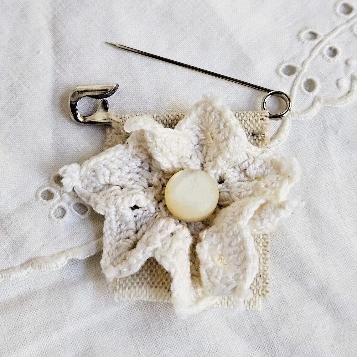 Granny Chic Safety Pin Brooch, Crocheted Flower With Mother of Pearl ...