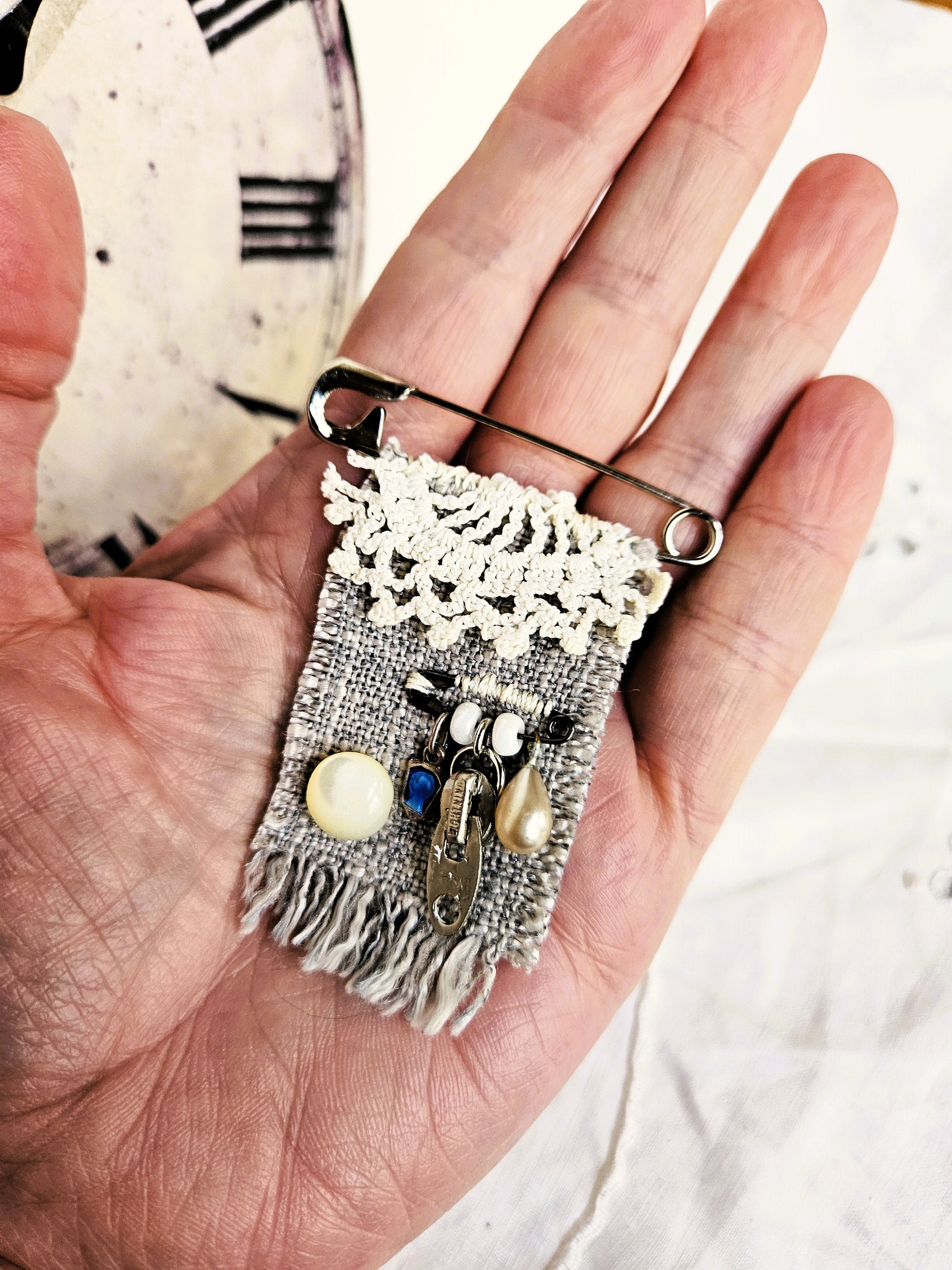 Granny Chic Fabric Brooch, Victorian Look Talisman, Textile Lapel Pin ...