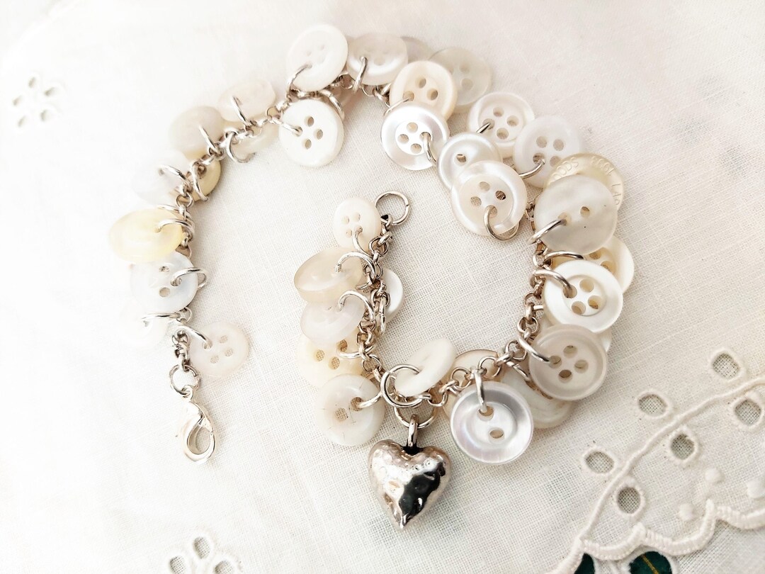 Repurposed Button Charm Bracelet Featuring a Hammered Puffed Heart ...