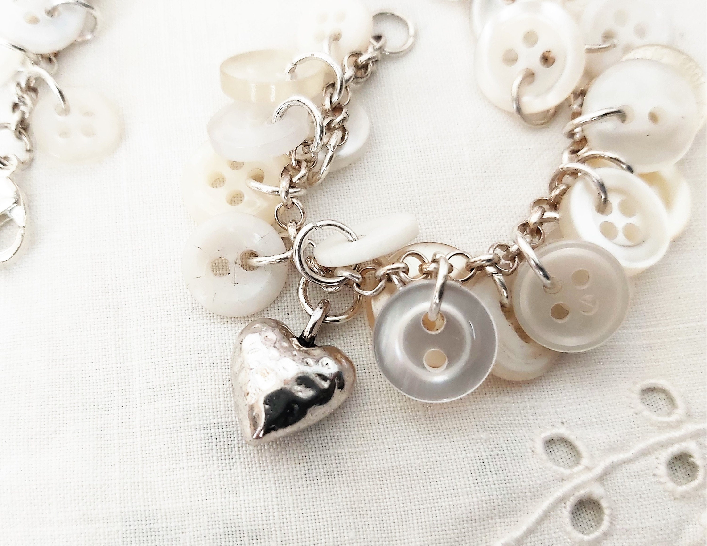 Repurposed Button Charm Bracelet Featuring a Hammered Puffed Heart ...