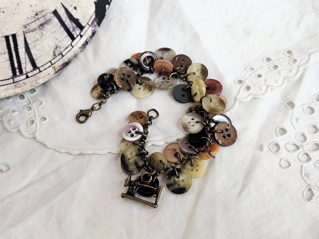 Button Charm Bracelet With Brass Antique Sewing Machine Charm, Sewing ...
