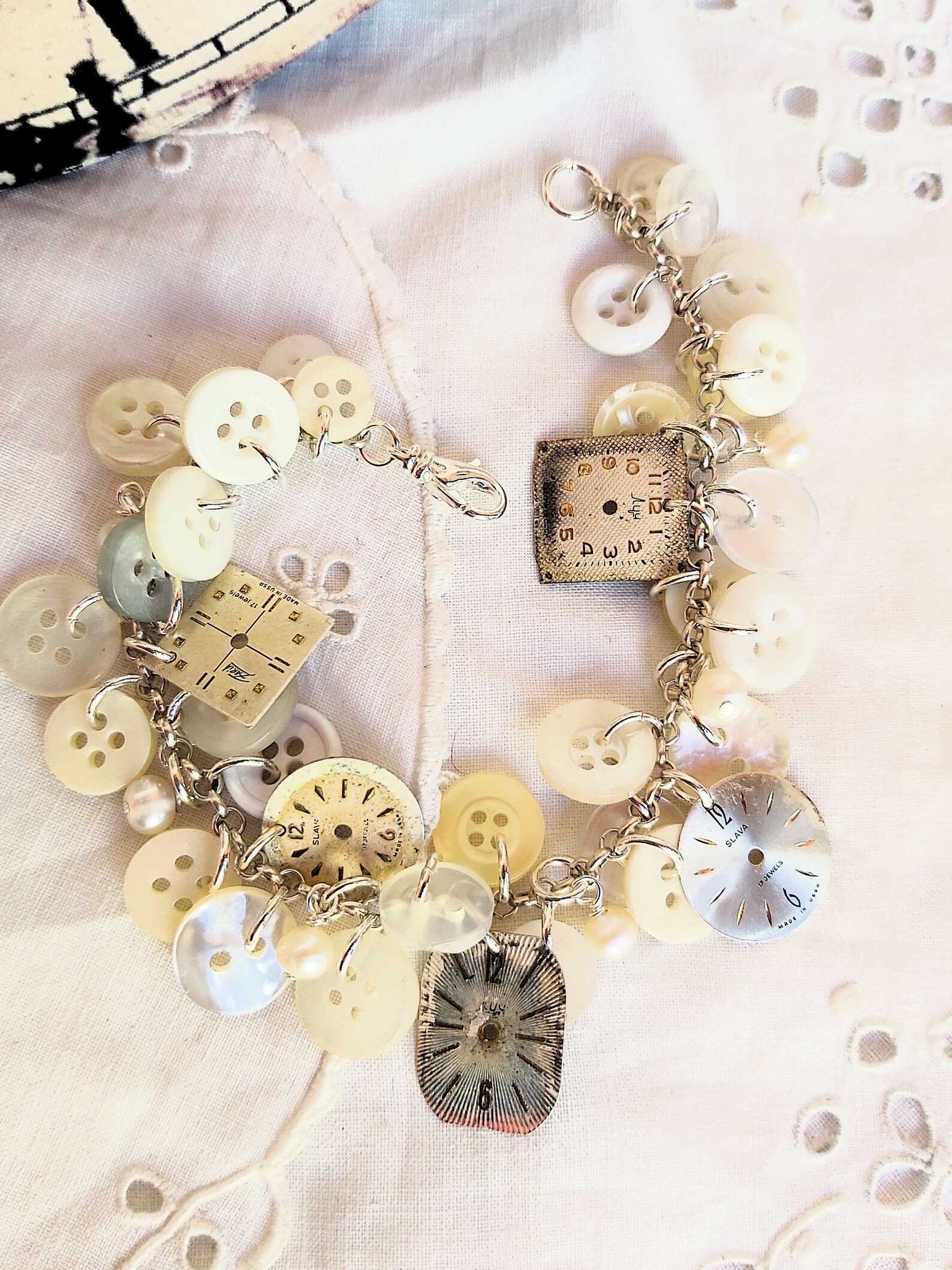 Repurposed Button Bracelet With Vintage Watch Faces and Freshwater ...