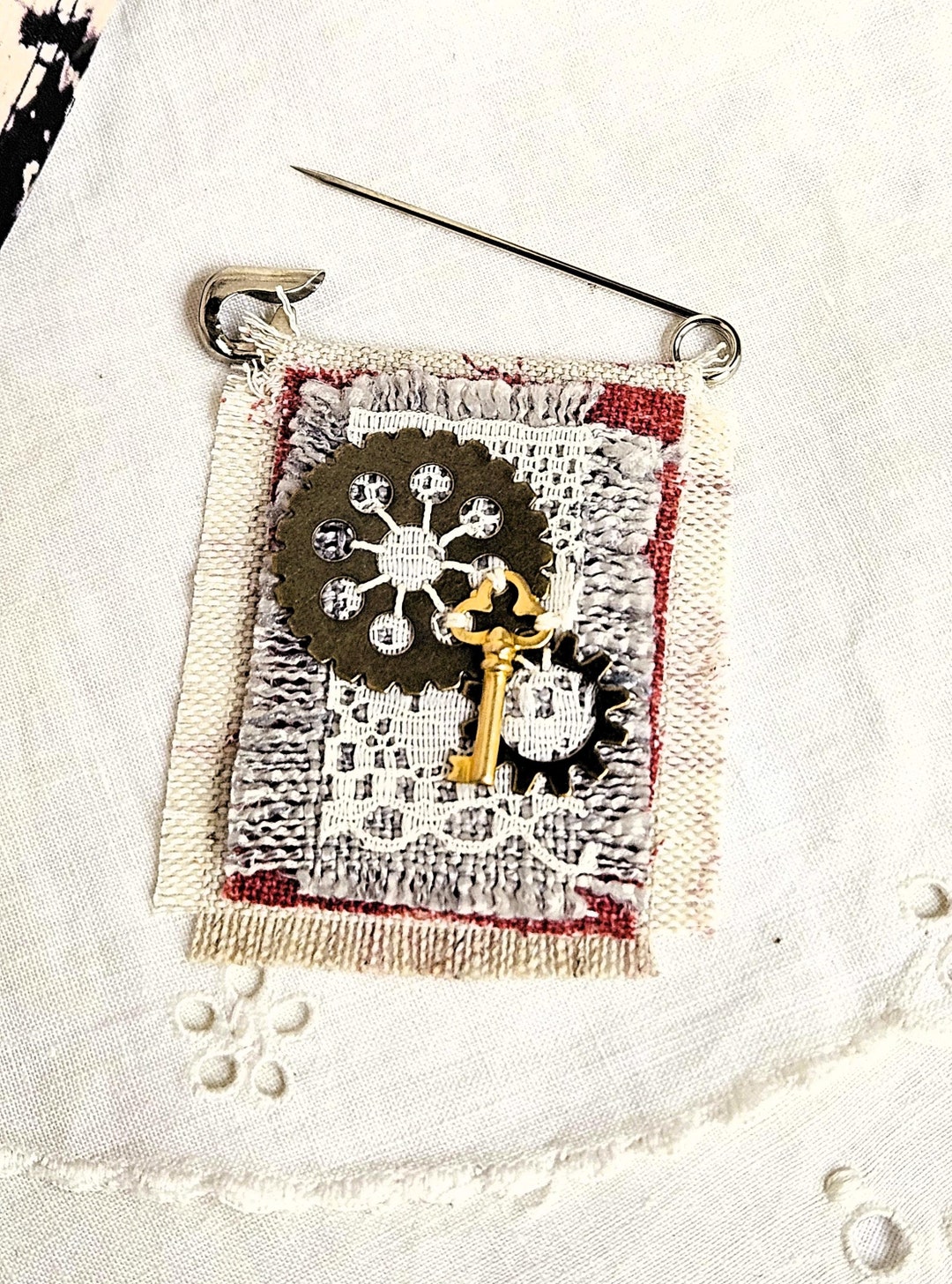 Slow Stitched Steampunk Brooch, Found Objects Badge, Safety Pin Lapel ...