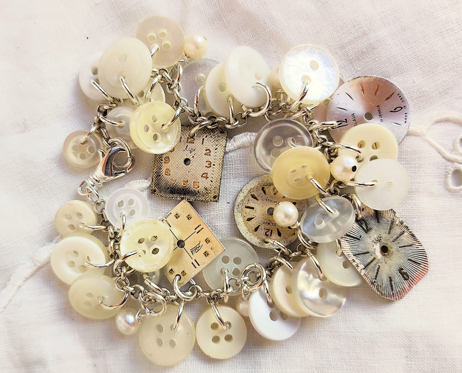 Repurposed Button Bracelet With Vintage Watch Faces and Freshwater ...