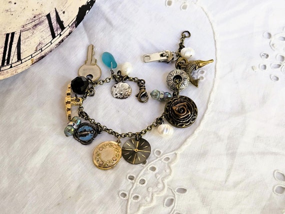 Upcycled Found Objects Charm Bracelet Mixed Metal Accessory Unique Valentine Gift Eclectic Wife Gift Cool Girlfriend Gift Assembled Art Etsy
