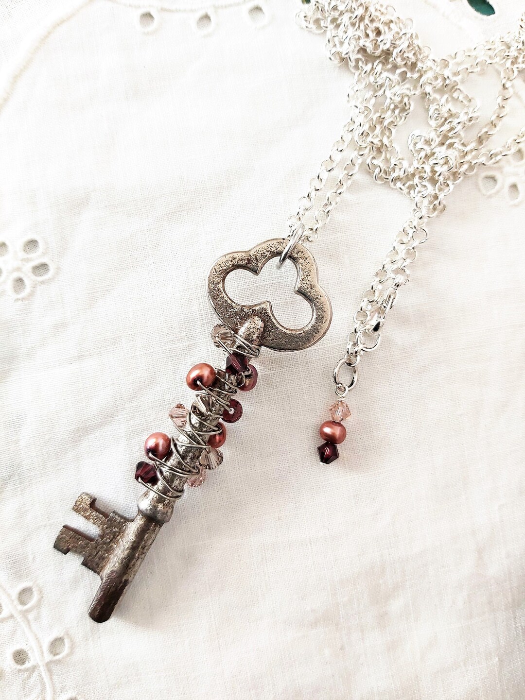 Antique Skeleton Key Necklace Wrapped with Burgundy Freshwater Pearls ...
