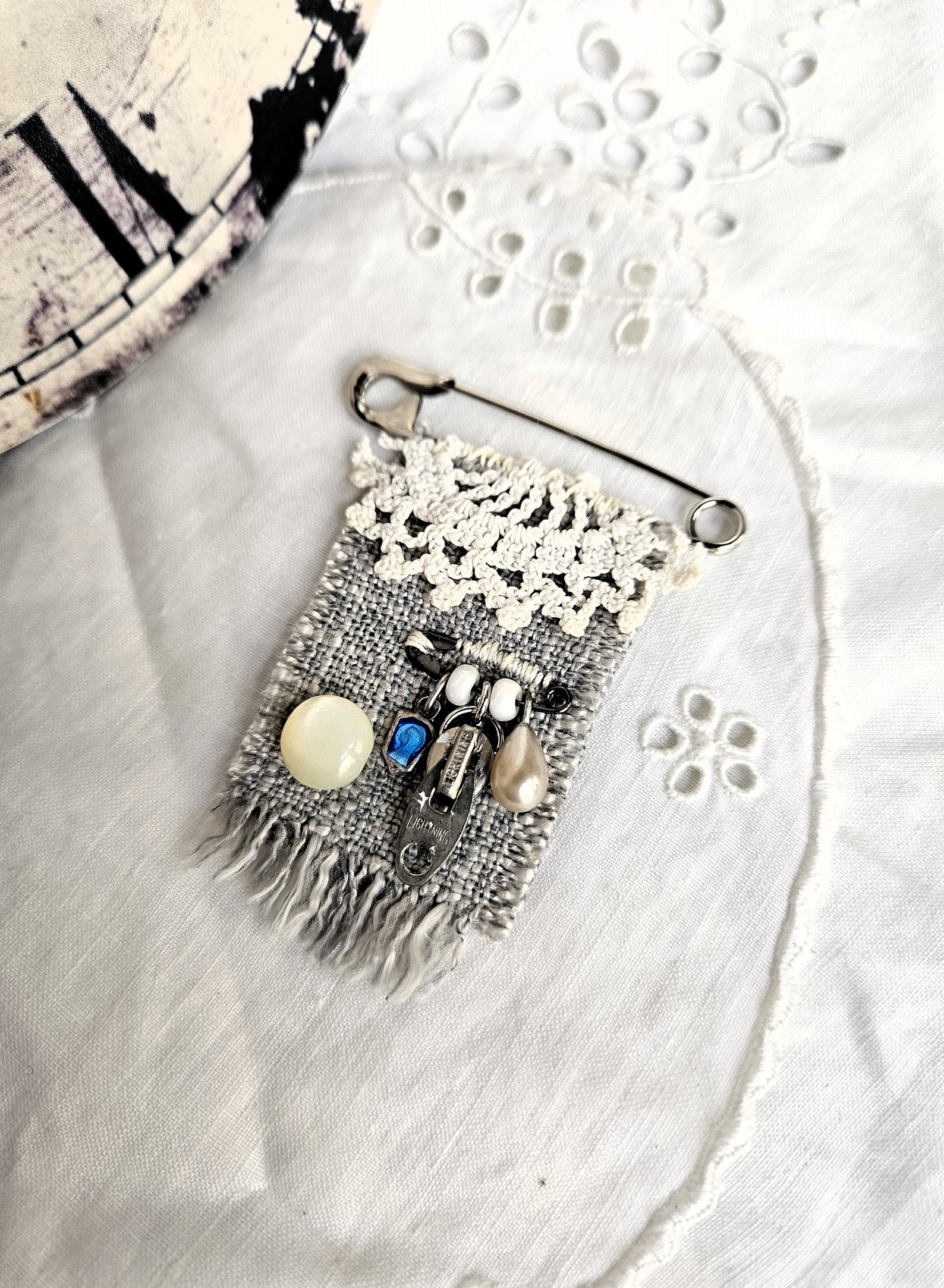 Granny Chic Fabric Brooch, Victorian Look Talisman, Textile Lapel Pin ...