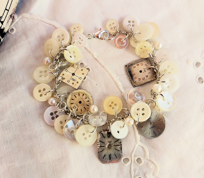 Repurposed Button Bracelet With Vintage Watch Faces and Freshwater ...