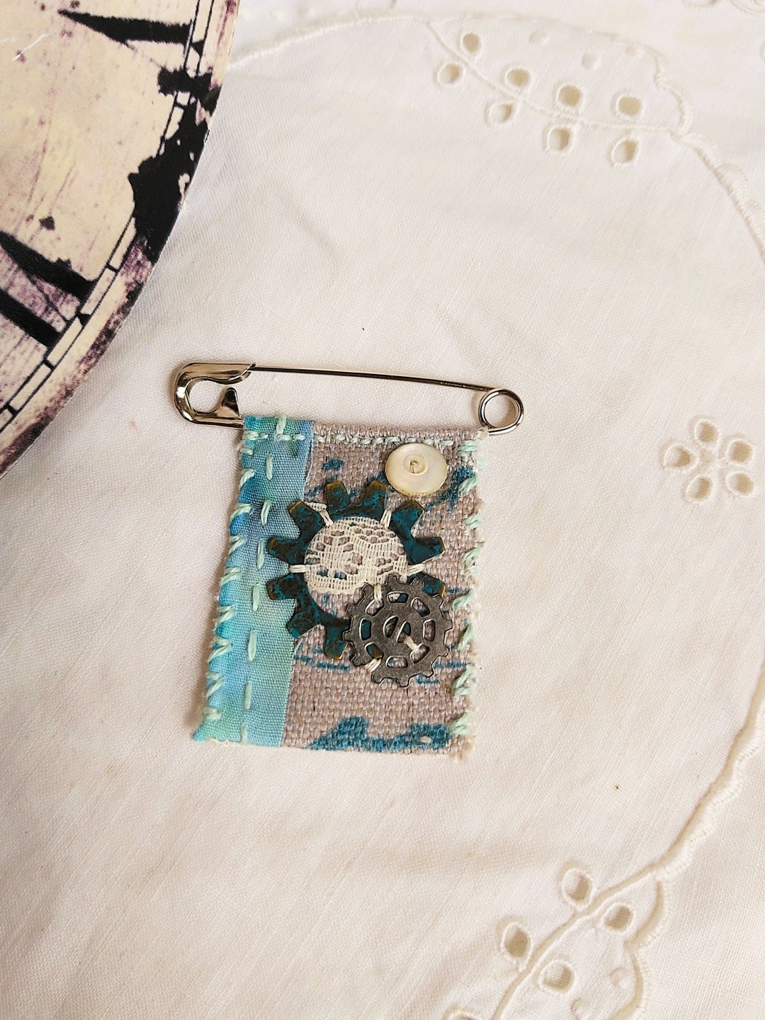 Slow Stitched Steampunk Badge, Found Objects Brooch, Safety Pin Lapel ...