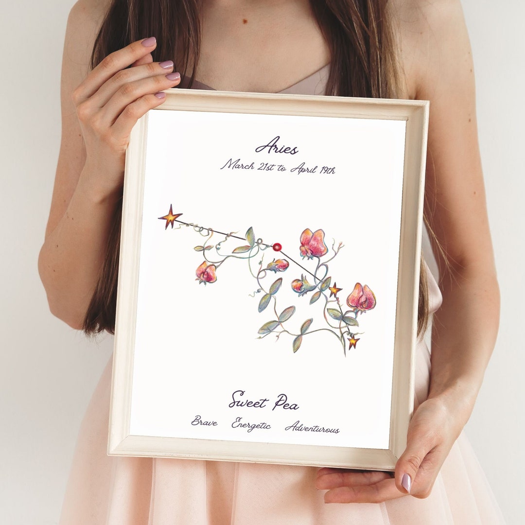 Aries Birth Flower Zodiac Wall Art, April Birthday, Mother's Day Gift ...