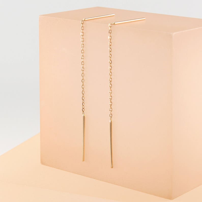 14K Solid Gold Tiny Threader Earrings 14K Short Threader - Etsy