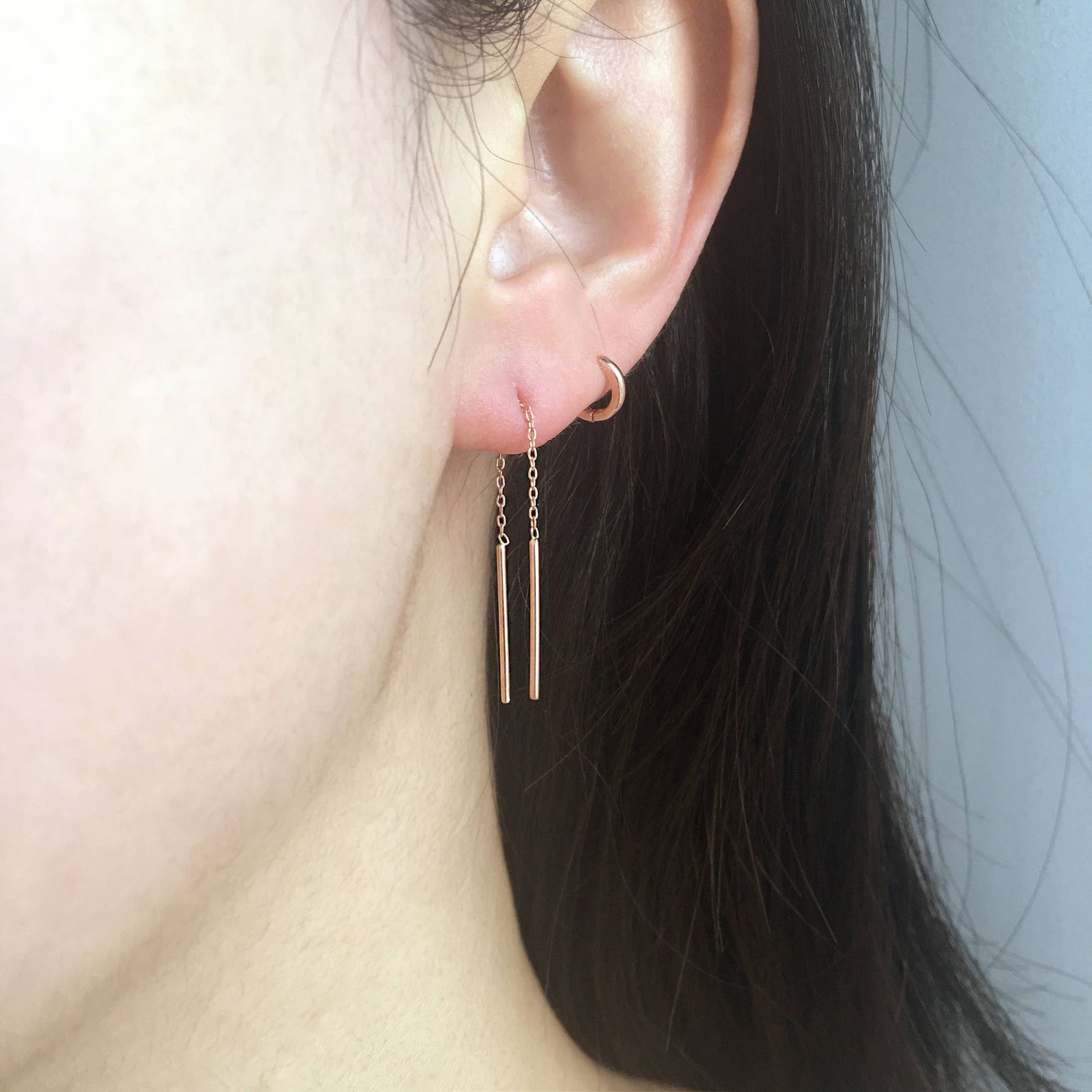 14K Solid Gold Tiny Threader Earrings 14K Short Threader | Etsy