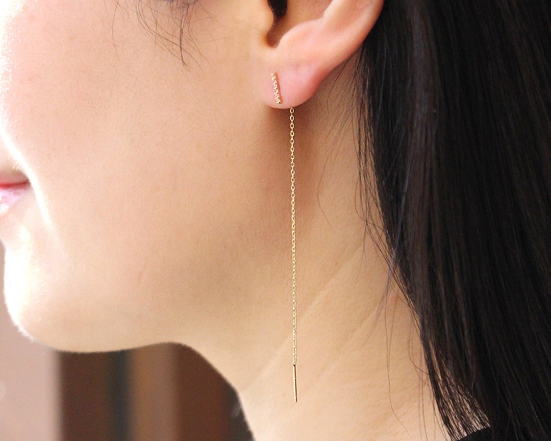 14K Solid Gold Threader Earrings, 14K Long Threader Earrings, 14K Ear ...