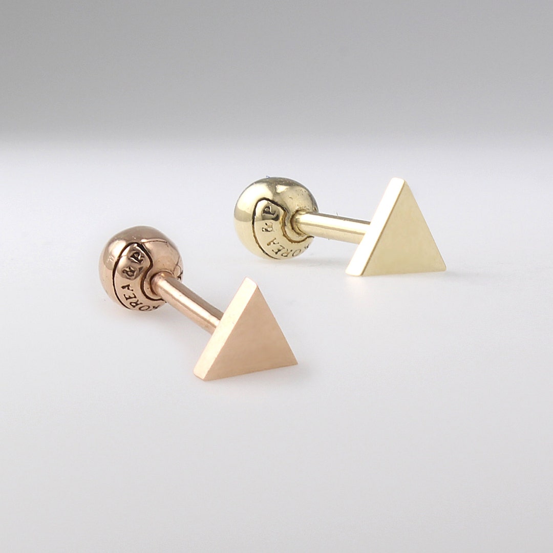 14K Solid Gold Triangle Stud, Cartilage, Tragus, Helix, Conch, Lobe, Piercing Earring ...