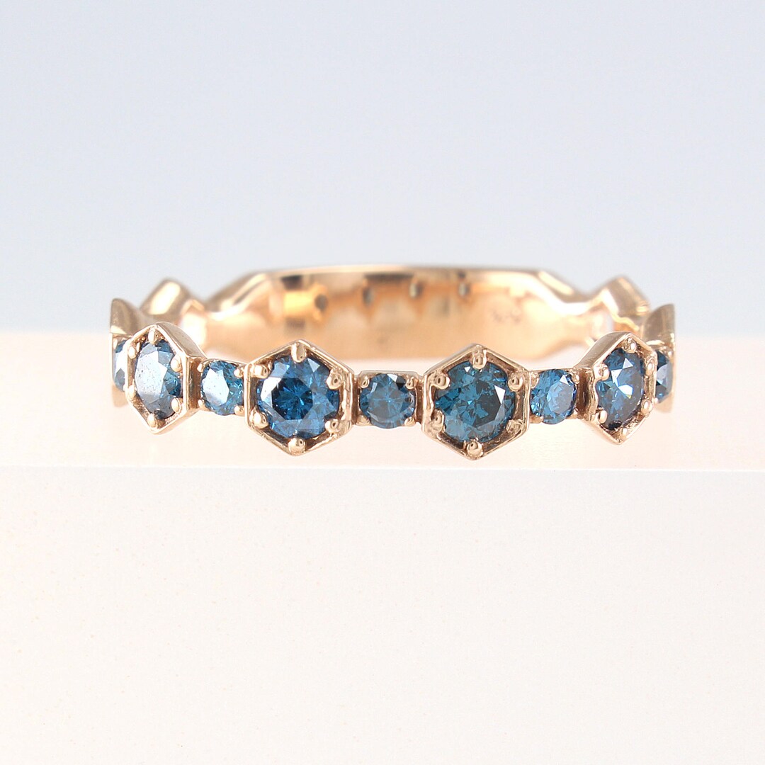 Blue Diamond Ring, Diamond Eternity Band 14K Solid Gold, Diamond ...
