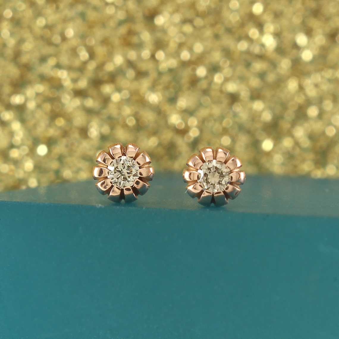 Small Tiny Diamond Stud Earrings Champagne Diamond Earrings Etsy