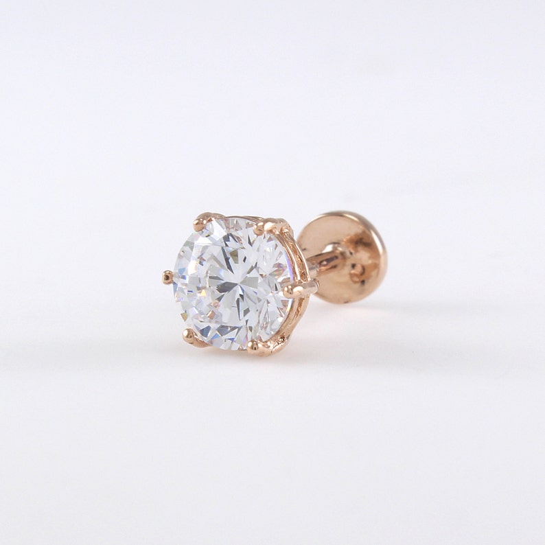 14K 5mm Solid Gold CZ Stud Labret, Cartilage, Tragus, Helix, Conch ...