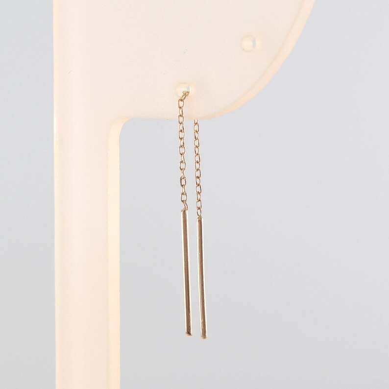 14K Solid Gold Tiny Threader Earrings 14K Short Threader | Etsy