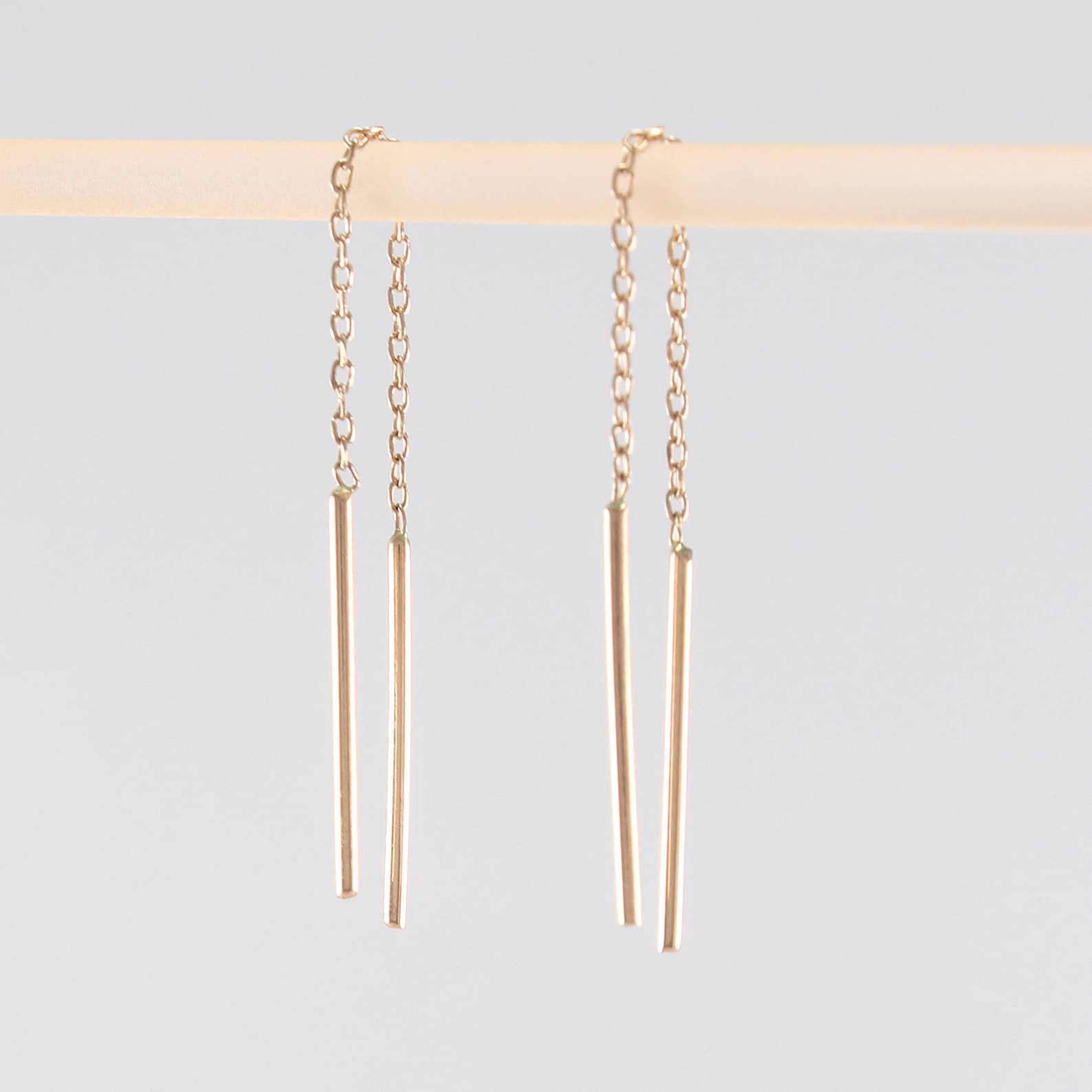 14K Solid Gold Tiny Threader Earrings 14K Short Threader - Etsy