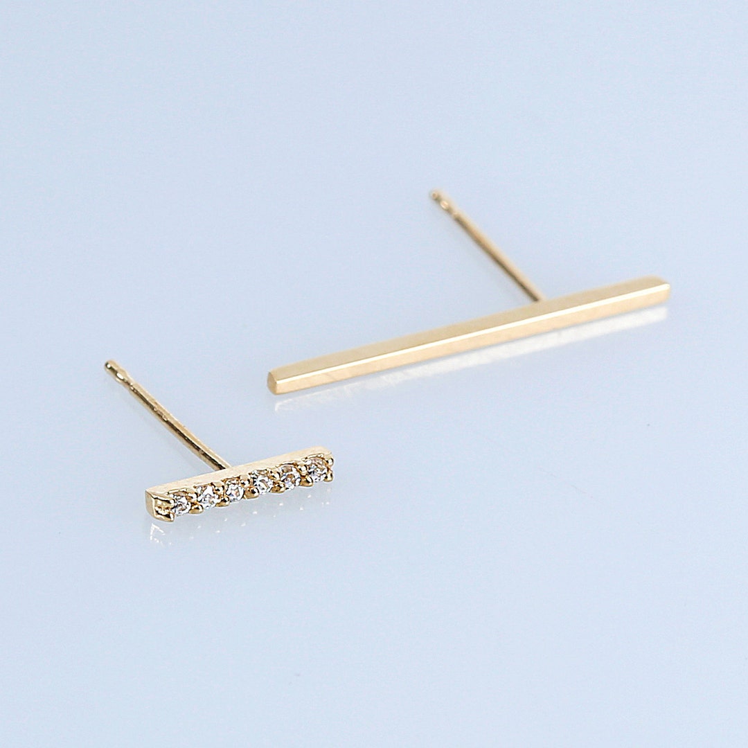 14K Solid Gold Bar Earrings, 14K Gold Bar Studs Earrings, 14K Bar Studs ...