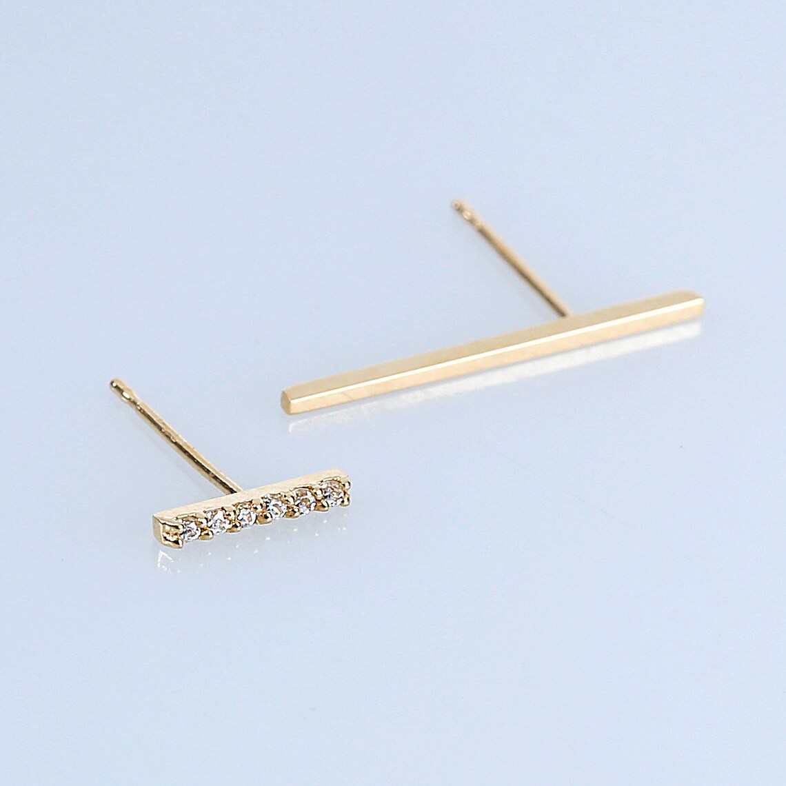 14K Solid Gold Bar Earrings, 14K Gold Bar Studs Earrings, 14K Bar Studs ...