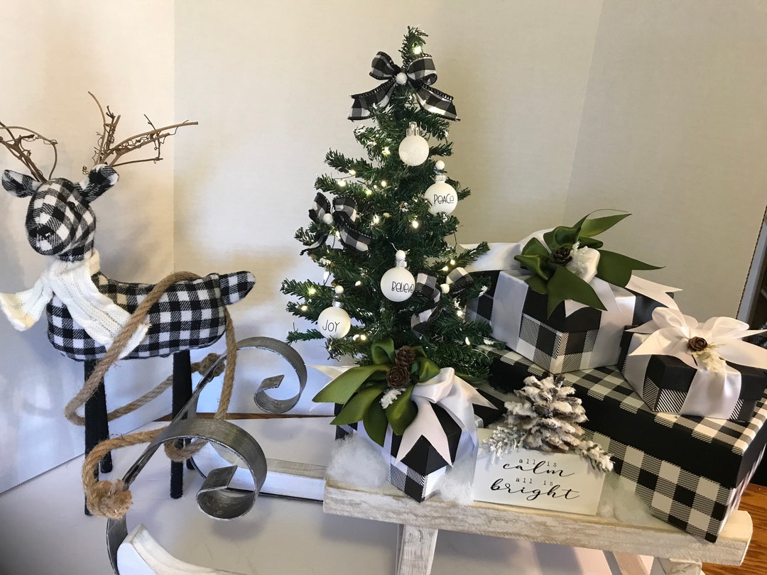 Buffalo Check Christmas Sled and Reindeer, Wooden Sled With Light up ...