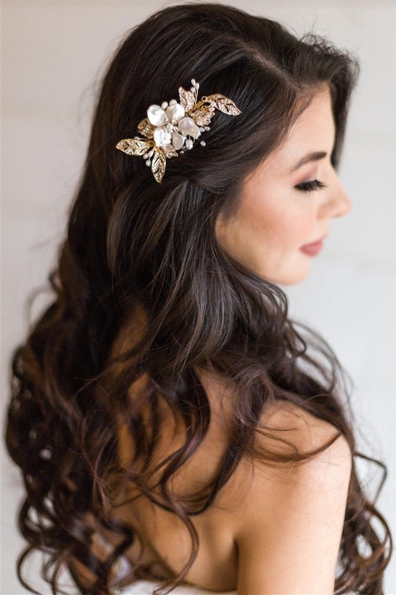 Gold Floral Wedding Back Piece Pearl Bridal Comb Gold Flower | Etsy
