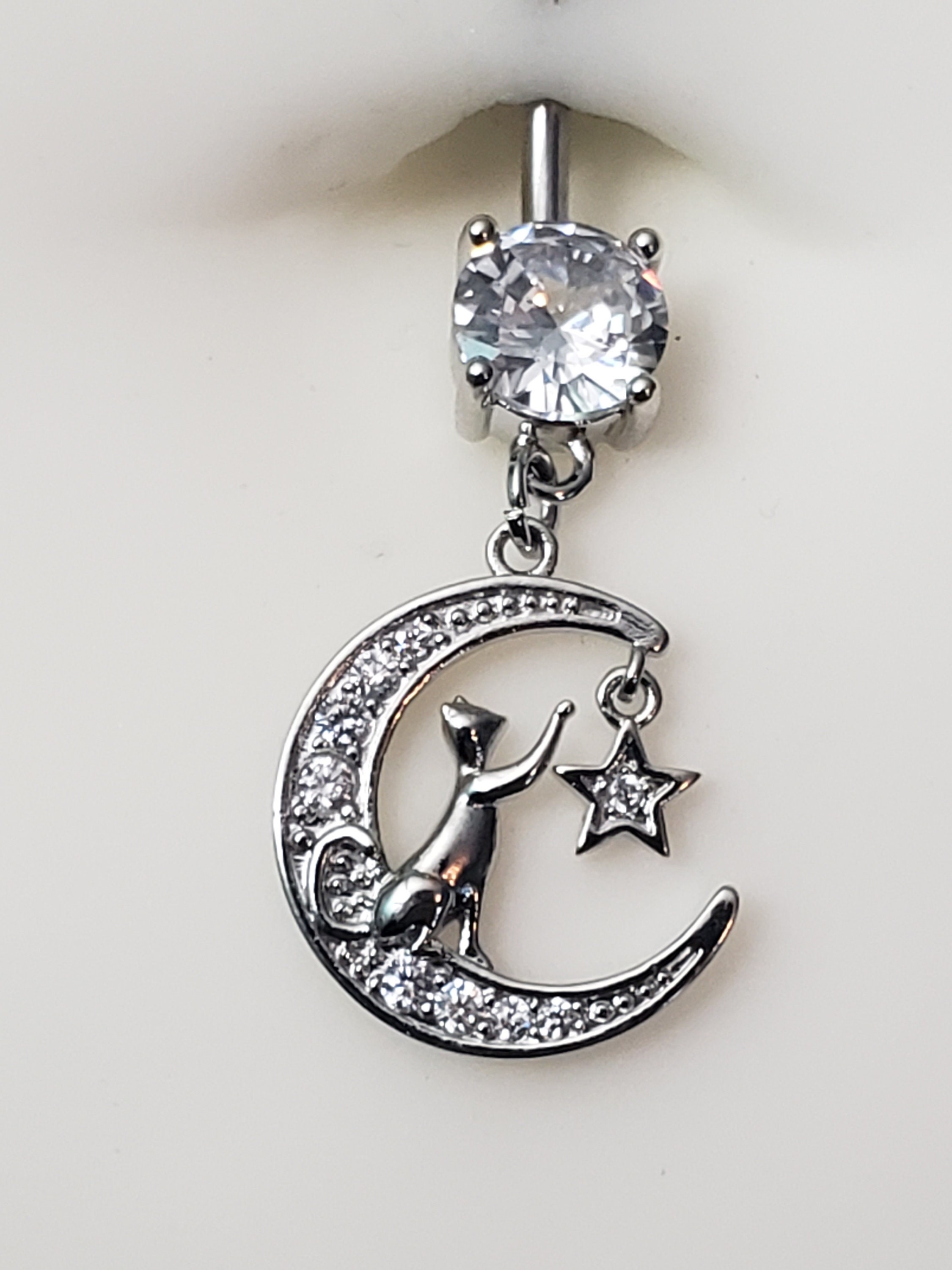 Zircon Cat in the Moon Belly Button Ring Standard Size or Pregnancy - Etsy