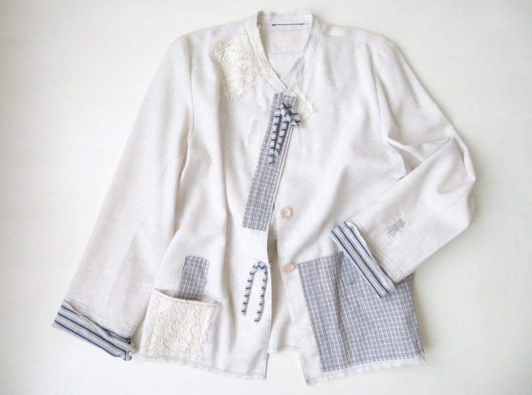 Altered Jacket With Pockets, Tattered Clothing, Beige Linen Blend and ...