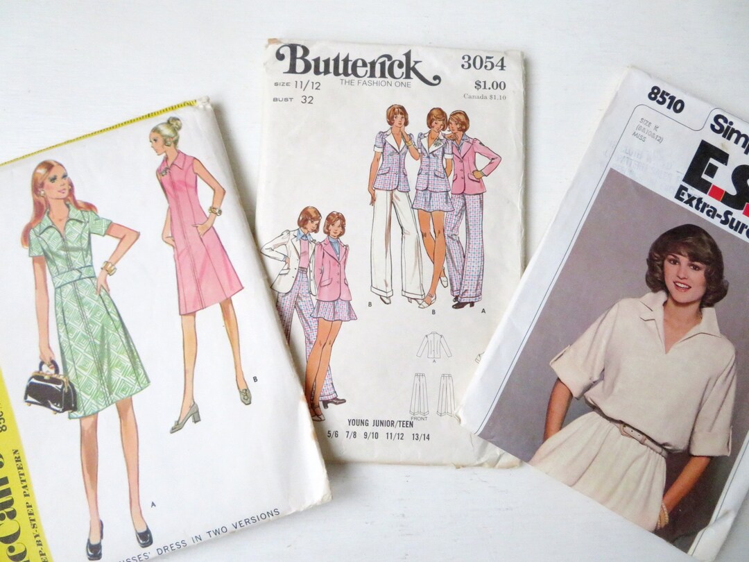 Shirtdress, 3 Vintage 70s Patterns, Wide Leg Pants, Skirt & Blazer ...