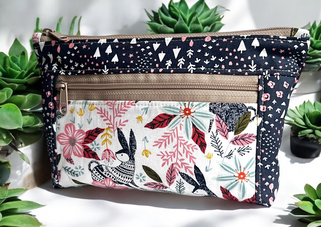 Double Zipper Pouch, Cotton Whimsical Rabbit Fabric Zip Pouch, Purse ...