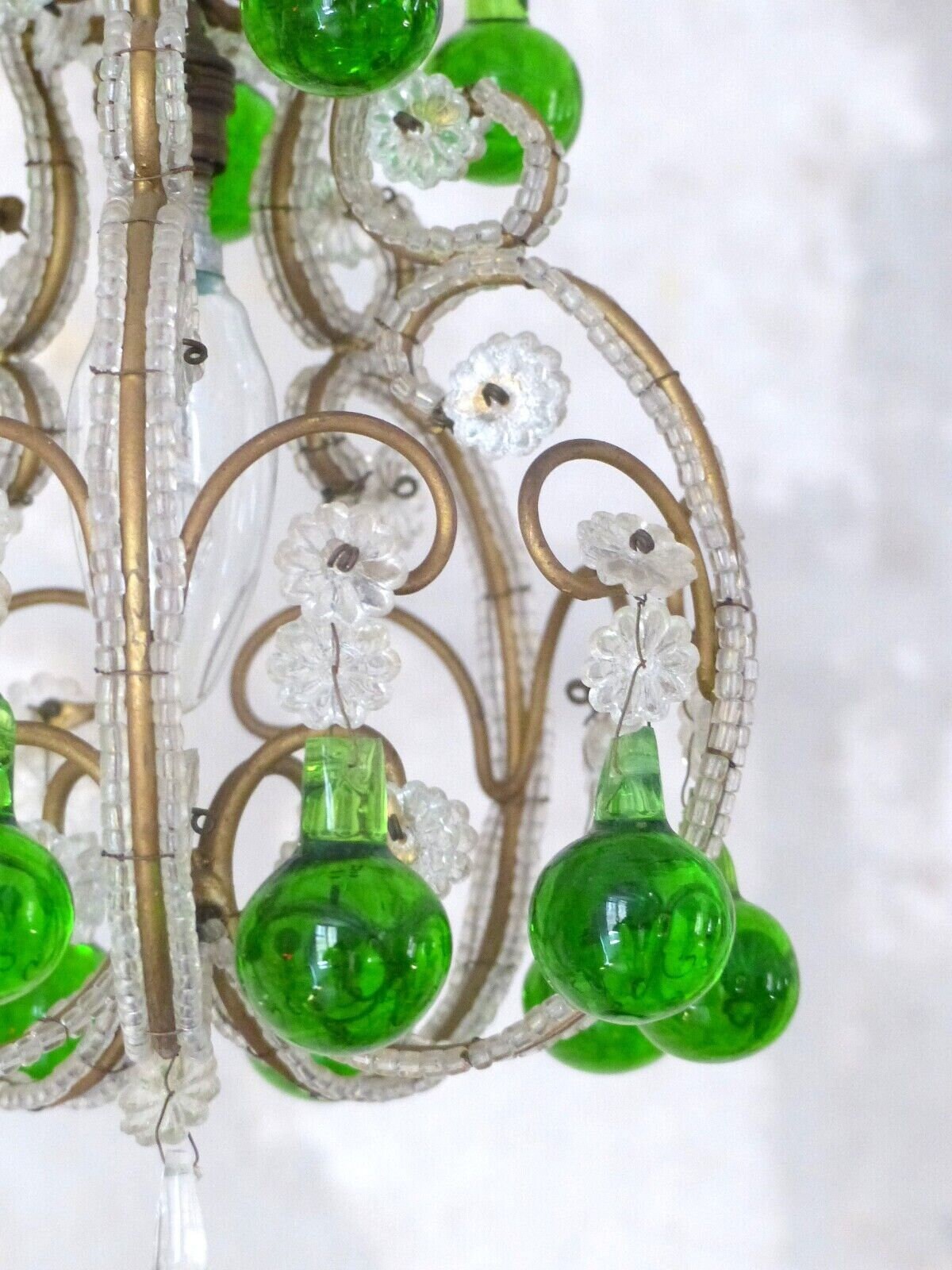 Vintage Chandelier Green Glass Drops Prisms Beads 1930 Italian Ceiling ...