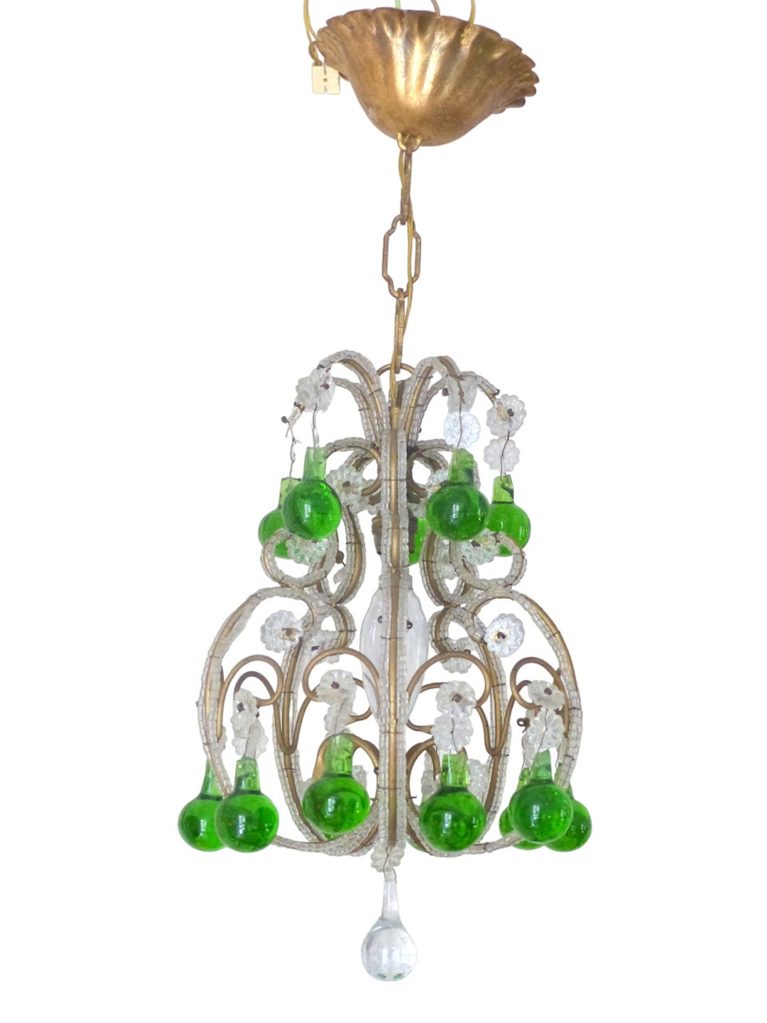 Vintage Chandelier Green Glass Drops Prisms Beads 1930 Italian Ceiling ...